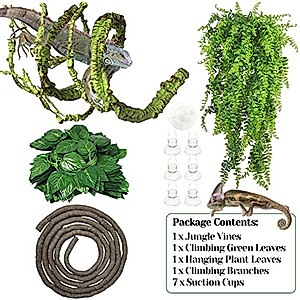 Fhiny 4 PCS Reptile Vines Plants Bendable Flexible Jungle Climbing Vines Plastic Leaves with Suction Cups Tank Accessories Habitat Decor for Bearded Dragons Lizards Snakes Geckos Frogs