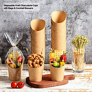 60 Sets Disposable Charcuterie Cups with Sticks and Bags, 14 oz Brown Kraft Paper Snack Boxes Appetizers Cup French Fry Holder with Cocktail Skewers Toothpicks Tooth Picks(60 Cups+60 Bags+200 Sticks)