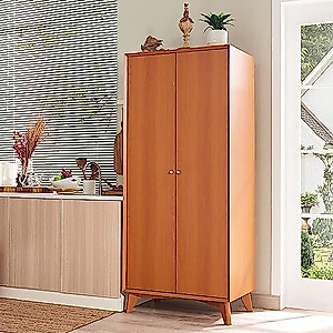 OKD Storage Cabinet w/Adjustable Shelves, 72" Tall Mid Century Modern Kitchen Pantry with Door, 20" Deep Armoire Closet w/Hanging Rod Versatile Storage for Bathroom, Laundry, or Living Room, Cherry