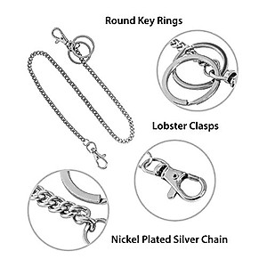 18" Silver Nickel Plated Pocket Keychain String with Both Ends Lobster Claw Clasp Trigger Snap Handle for Belt Loop, Purse Handbag Strap, Keys, Wallet, and Traveling