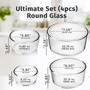 Razab 12 Pc Glass Food Storage Container Set with Lids 7, 4, 2 &1 Cup Round Meal Prep, Secure Lid Containers for Lunch & Leftover Ideal for Baking, Storing BPA Free Leak Proof Oven & Dishwasher Safe