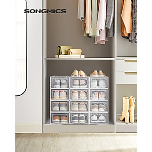 SONGMICS Shoe Boxes, Pack of 12 Shoe Storage Organizers, Stackable Clear Plastic Boxes for Closet, Sneakers, 9.1 x 13.1 x 5.6 Inches, Fit up to US Size 11, Transparent and White ULSP12SWT
