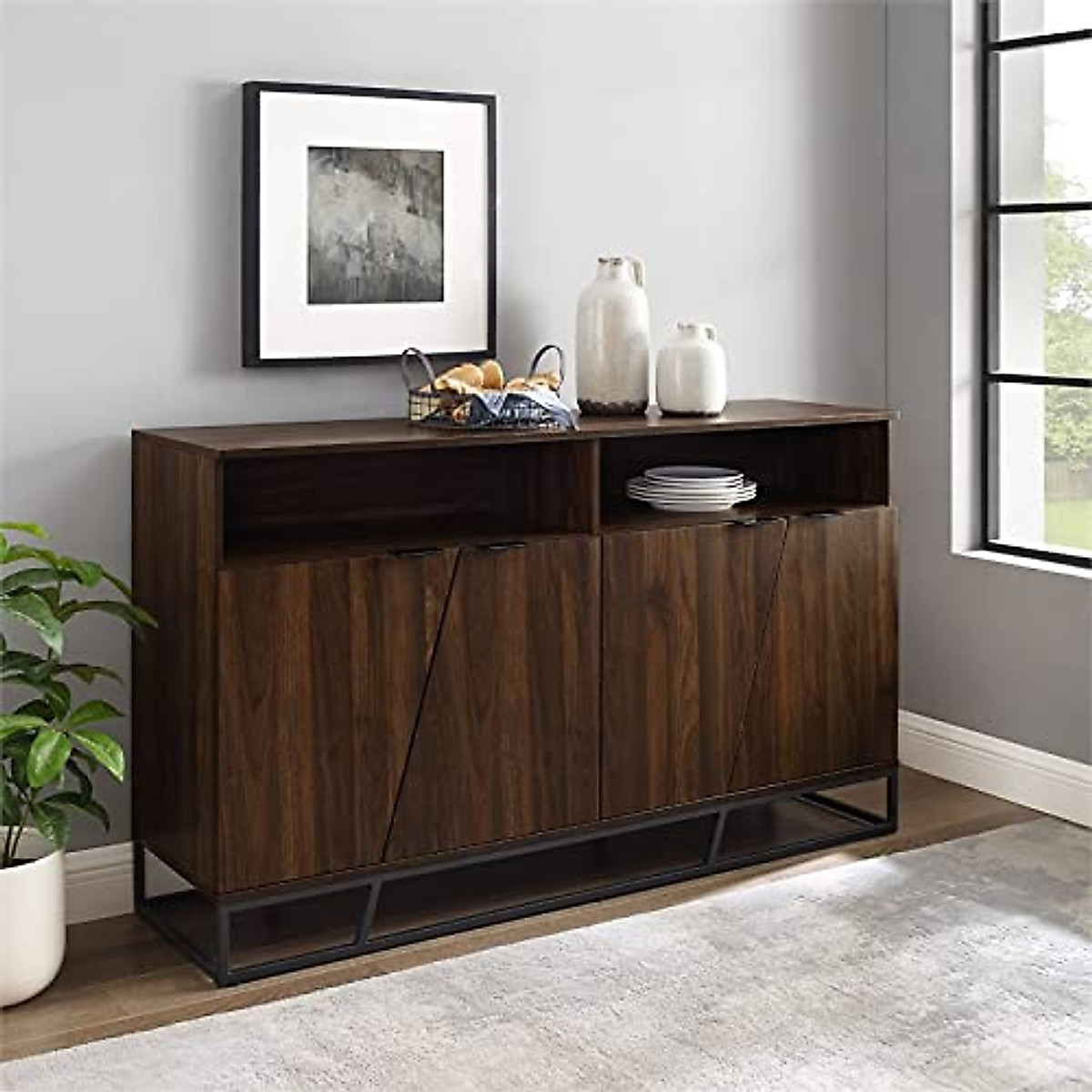 Walker Edison Angled Door Cabinet-Sideboard-Buffet with Open Shelf Storage, 58, Dark Walnut