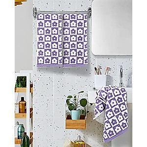 Cotton Face Towels Set of 4 - Checkered Floral Bathroom Hand Towels for Everyday Use, 29” x 13” Lilac