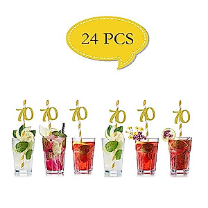 Labakita 70th Birthday Party Straw Decor - 70th Birthday Paper Straw Decor - 70th Birthday Striped Decorative Straws - Set of 24