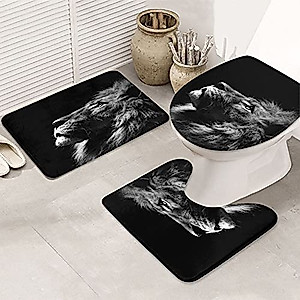 4 Piece Lion Shower Curtains Sets with Non-Slip Rugs, Toilet Lid Cover and Bath Mat, King Leo Bathroom Sets with Shower Curtain and Black Rugs and Accessories