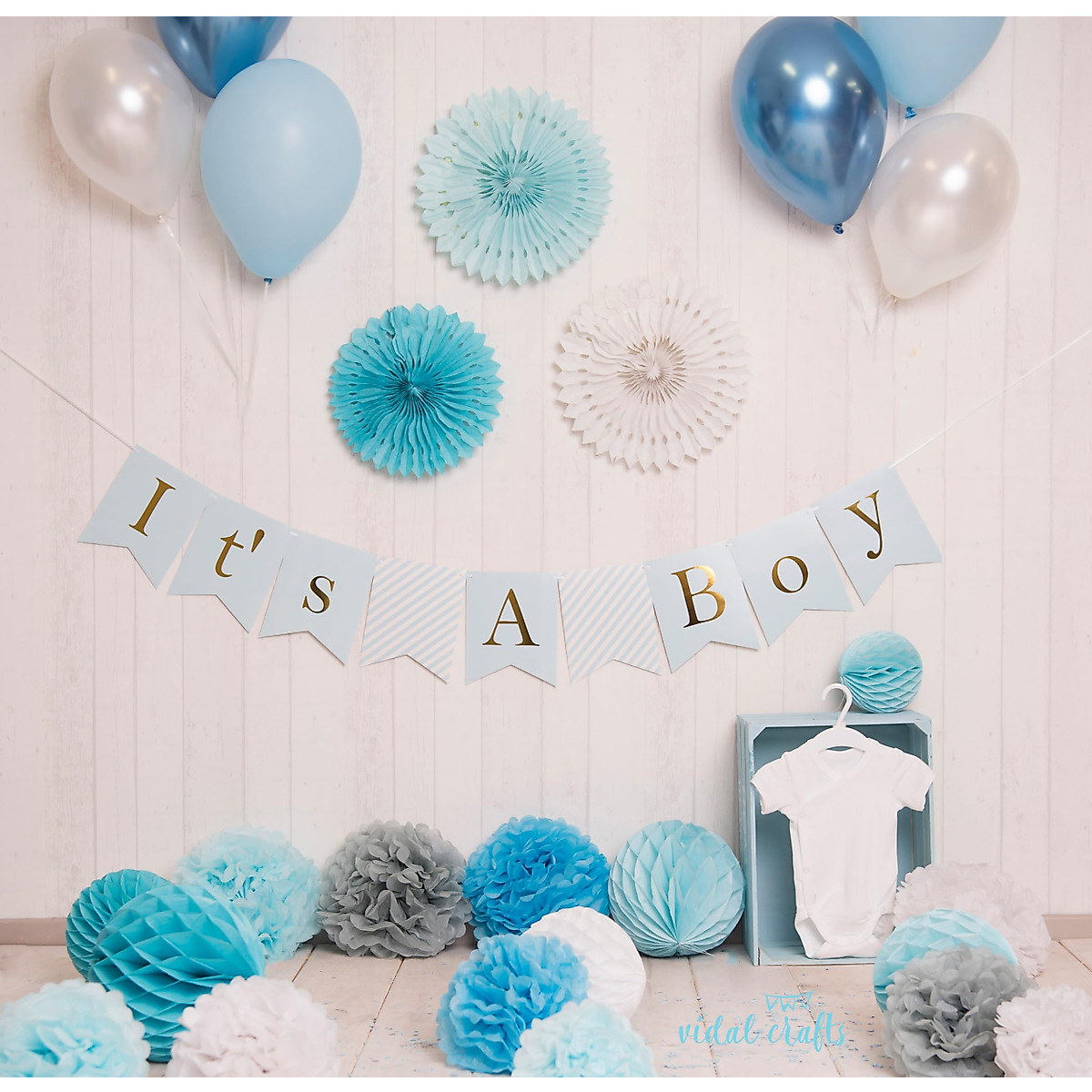 Vidal Crafts Baby Shower Decorations for Boy Complete Kit with Its a Boy Banner, Balloons, Paper Flowers, Honeycomb Balls, Paper Fans, and Oh Boy Foil Ideal Baby Boy Shower Decor and Party Supplies