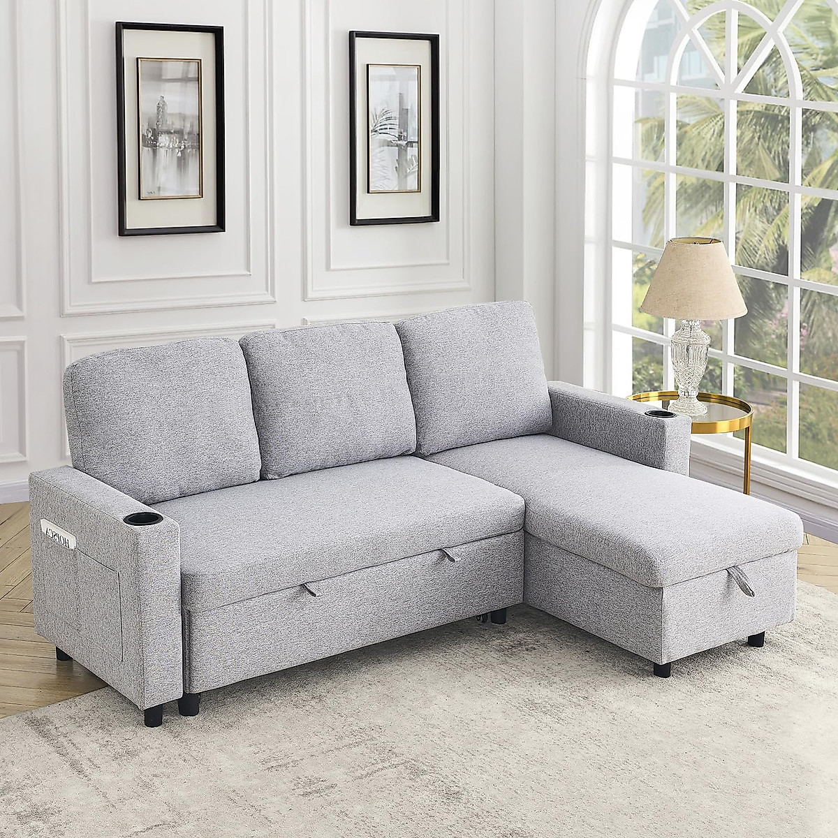 JEEOHEY 78.5" L Shape Couch Sofa,Linen Convertible Modular Sectional 3 Seater Couch w/Reversible Storage Chaise&Cup Holder,Sleeper Pull Out Sofa Bed for Living Room,Apartment,Small Place(Light Grey)