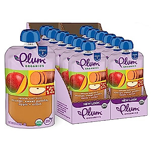 Plum Organics Stage 2 Organic Baby Food - Mango, Sweet Potato, Apple, and Millet - 3.5 oz Pouch (Pack of 12) - Organic Fruit and Vegetable Baby Food Pouch