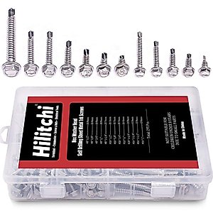 Hilitchi 295 Pieces #8 / #10 / #14 Stainless Hex Washer Head Self Drilling Sheet Metal Tek Screws with Drill Point (1/2'' to 2'' Size Inside Plastic Box)