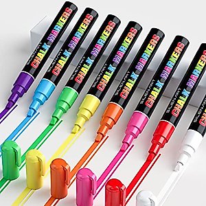 SILENART Durable Chalk Markers - Includes 8 Long-lasting Colors and 24 Labels - Chalkboad Markers for Kids, Liquid Chalk Markers Erasbale, Window Markers for Car Glass Washable, Reversible Tip