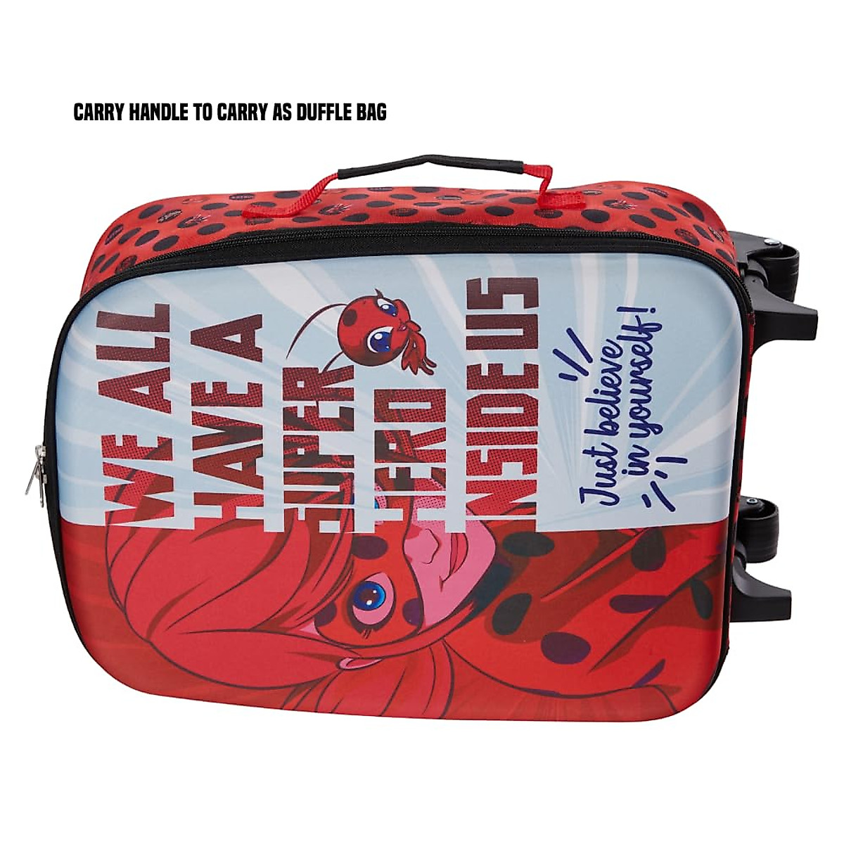 Miraculous Ladybug Carry On Rolling Kids Luggage with Wheels for Girls, 18 Inch, Superhero Lady Bug Convertible Duffle Bag with Side Handle
