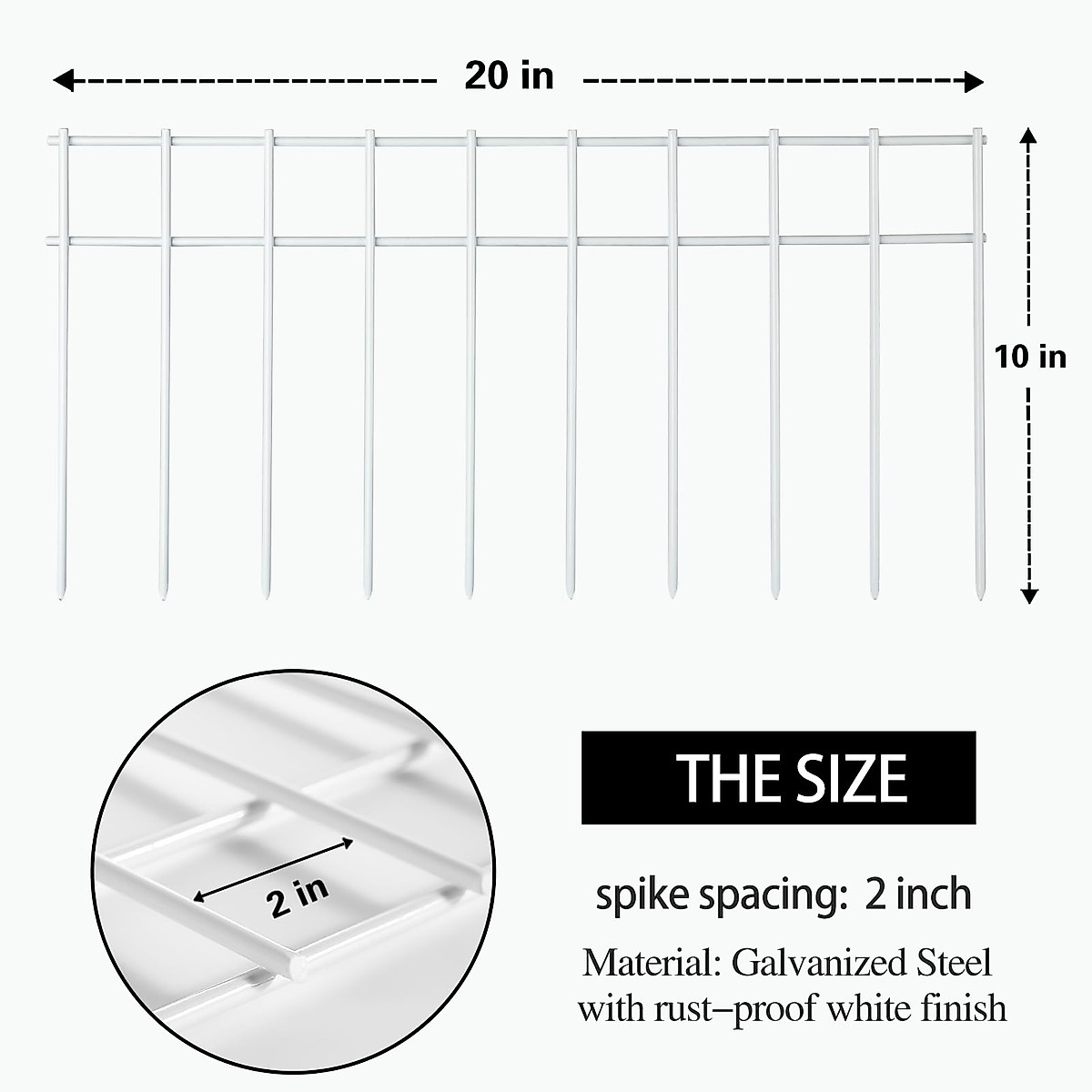 Adavin White Animal Barrier, 10 Pack 20in(L) X10in(H) No Dig Fence, Dog Digging Fence Barrier Rabbit Fence Protector, Galvanized Steel Stakes 2 inch Spike Spacing, Outdoor Yard Patio.Total 17 Ft(L)