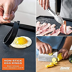 OUII Flat Top Griddle Accessories Set for Blackstone and Camp Chef Griddle 14 Pieces Set & 12 Inch Heavy Duty Round Basting Cover Cheese Melting Dome with Cast Iron Burger Bacon Press & Basting Brush