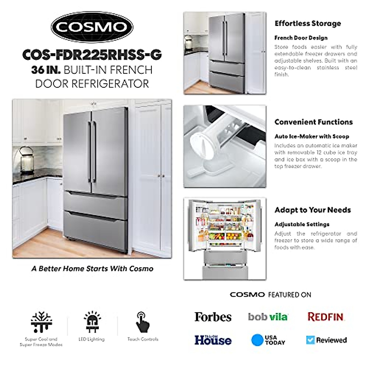 Cosmo FDR225RHSS-G 36 in Double French Door Refrigerator | Energy Efficient Fridge with 2 Drawer Bottom Freezer & Built-In Automatic Ice Maker/Chest, 22.5 cu. ft. Storage Capacity - Stainless Steel