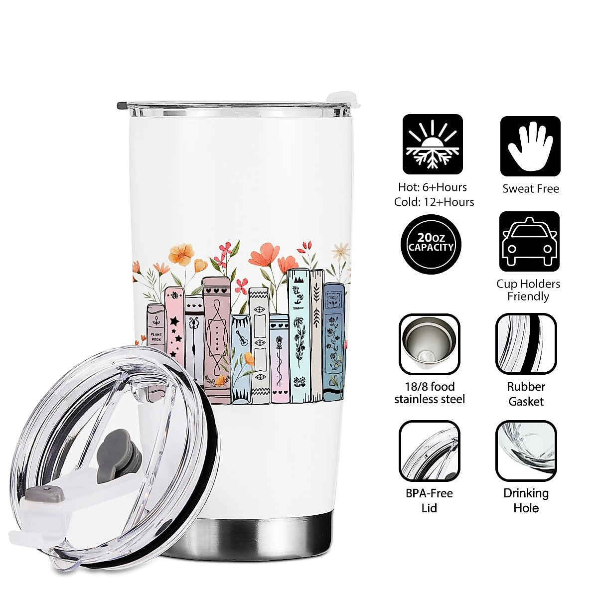 Book Lovers Gifts Stainless Steel Tumbler, Book Club Gifts Bookish Gifts Coffee Mug with Lid, 20 oz Thermal Cup Insulated Water Glasses, Book Accessories Librarian Gifts for Women Girls Readers Sister
