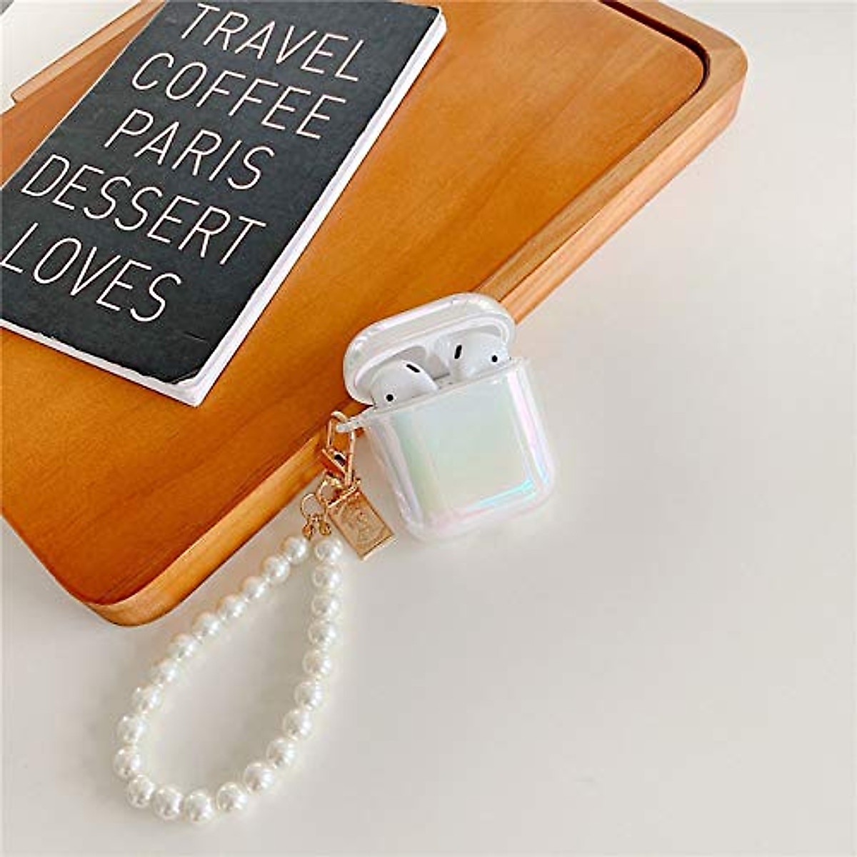 Ownest Compatible for AirPods Case with Pearl Keychain Bling Rainbow Glitter Cute Girls Boys Woman Case Hard PC Cover Case for Airpods 2 &1,Cute for Airpods-White