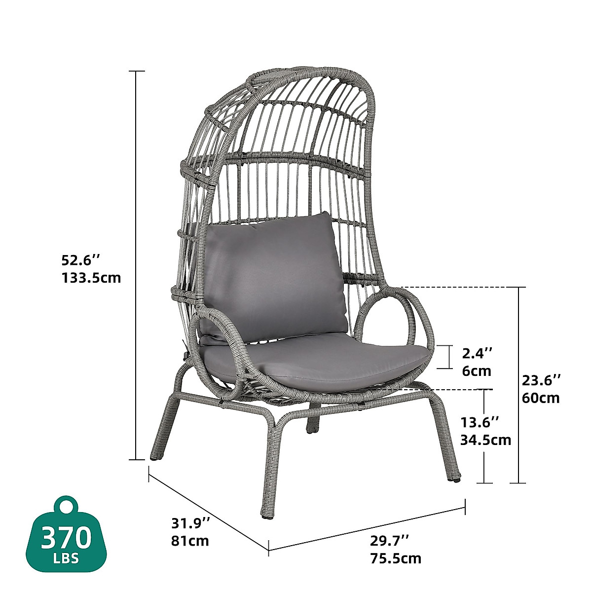 YITAHOME Outdoor Narrow Egg Chair Wicker, Patio Rattan Basket Chair with 370lbs Capacity Indoor Egg Chairs with Stand & Cushion Cocoon Chair for Bedroom, Patio, Balcony - Grey
