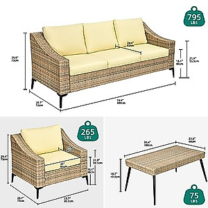 YITAHOME 4 Piece Patio Furniture Set, Outdoor Sectional Sofa PE Rattan Wicker Outside Couch with Table and Cushions, All-Weather Rattan Patio Conversation Set for Porch Lawn Garden Backyard - Khaki