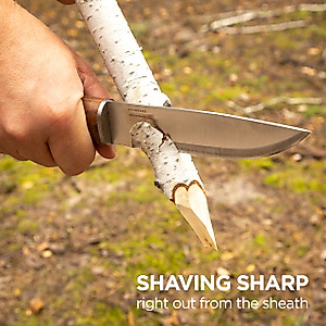 BPS Knives BK06 Camp Knife With Leather Sheath - Large Outdoor Knife Fixed Blade Stainless Steel Camping Knife - Scandi Grid Knife With Sheath