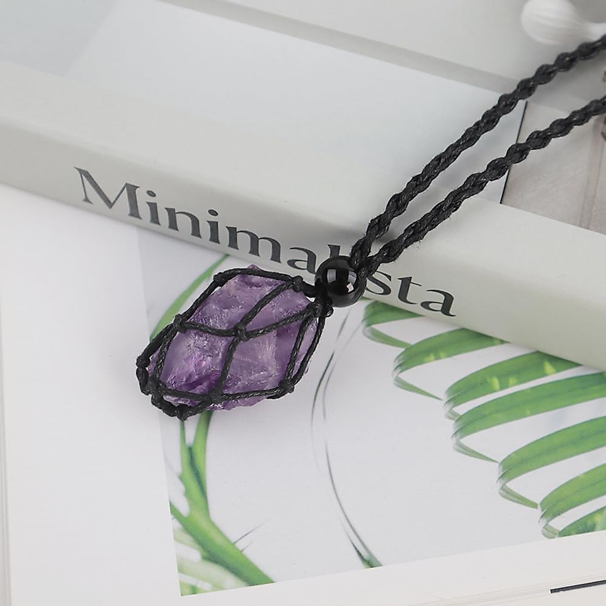 Anjiucc Natural Gemstone Crystal Raw Amethyst Pendant Necklace Stone Holder Necklace Cord Hand-Woven Necklace with Adjustable Length for Women Men