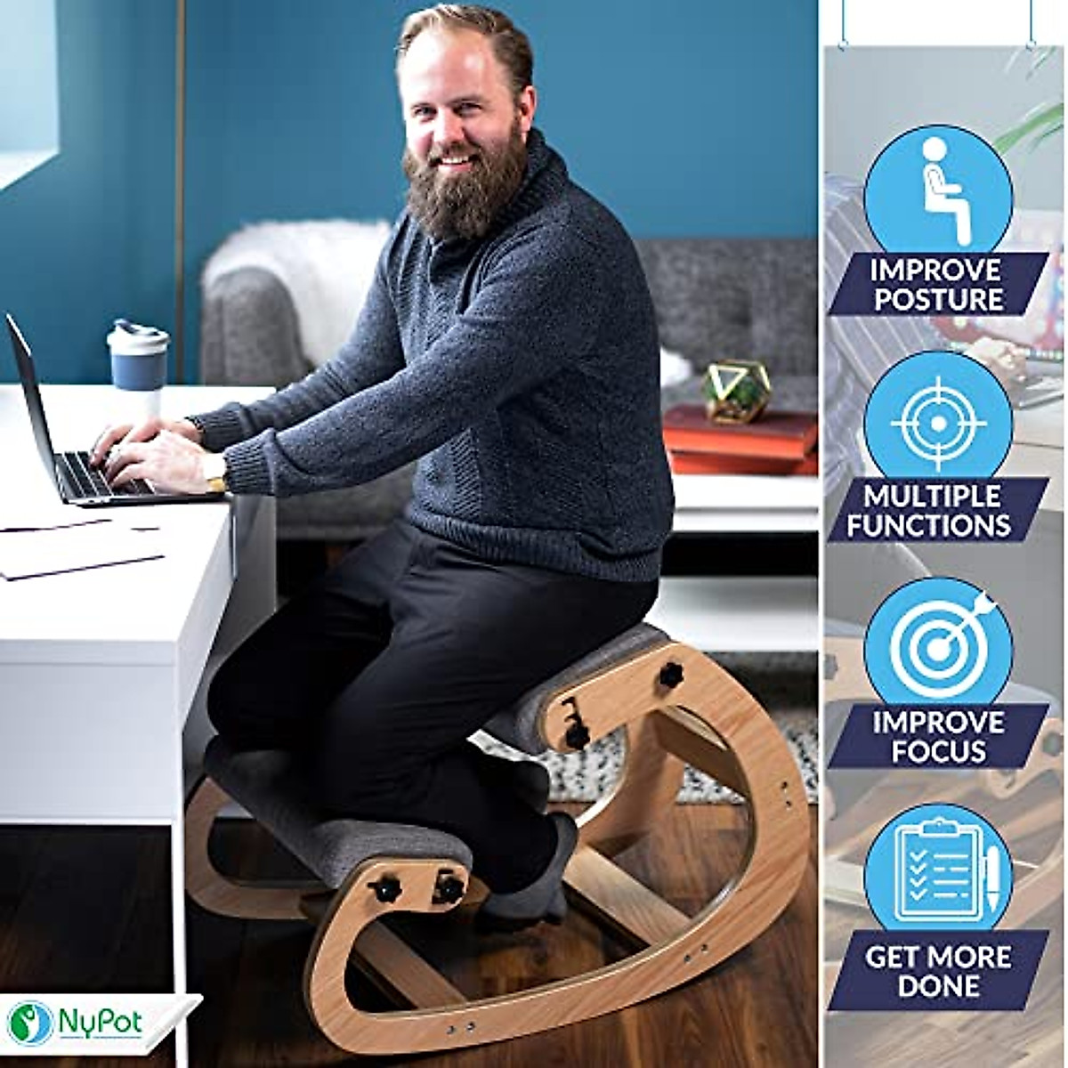 NYPOT Ergonomic Kneeling Chair - Rocking Office Chair Adjustable Stool - Knee Chair Posture Chair - Wooden Desk Chair, Ergonomic Chair for Home Office, Office Chair for Back Pain, Work from Home Chair