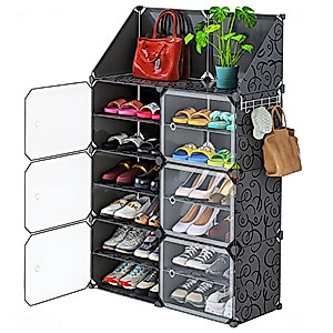 NiHome 24-Pair Shoe Organizer Cabinet with Doors and Top Shelf, Stackable, Expandable and Free-Standing Plastic Storage Rack for Entryway, Closet, Garage, Bedroom, Hallway and Office