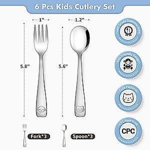 DRKIO Stainless Steel Toddler Utensils Set - 6 Pieces Kids Silverware Set Children Safe Food Grade Small Forks and Spoons Dishwasher Safe Mirror Polished