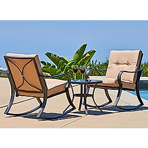 Oakmont Outdoor Furniture 3 Piece Conversation Bistro Set Rocking Chairs and Glass Top Table, Thick Cushions, Black Steel (Brown)