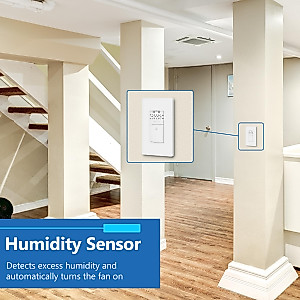 LIDER No Neutral Wire Required Humidity Sensor Switch, Automatic Humidity Detection, Air Circulator, Bathroom Fan Automated Control, Adjustable Timing, 1-Pole, White, Wall Plate Included