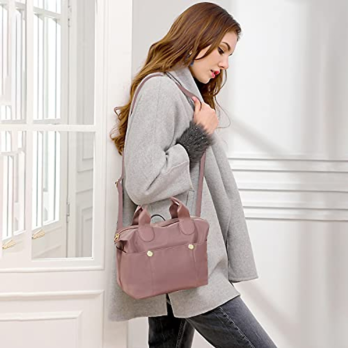 PORRASSO Women Crossbody Bag Fashion Shoulder Bag Multifunctional Handbag Ladies Satchel Nylon Messenger Bag for Travel School Work Daily Use Pink