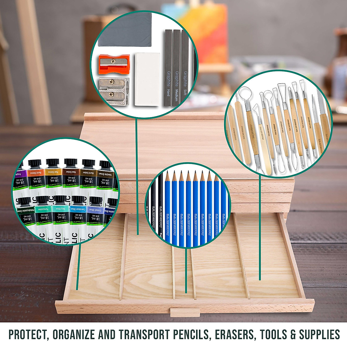 U.S. Art Supply 4 Drawer Wood Artist Supply Storage Box - Pastels, Pencils, Pens, Markers, Brushes