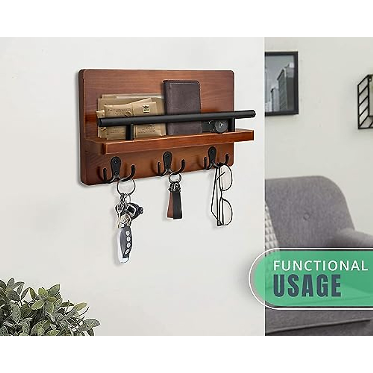 Comfify Natural Pine Wood Key Holder for Wall - Modern Decorative Finish with Metal Key Hooks and Mail Organizer/Sorter Slot - White
