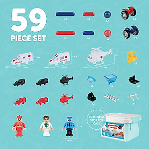 PLAY BRAINY Magnetic Emergency Vehicle Toy Set - 59Pcs Rescue Team & Car Toys for 3+ Year Old Boys & Girls for Safety & Disaster Management - Kids Toy Set with Fire Truck, Ambulance, Helicopter & More