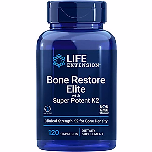 Life Extension Bone Restore Elite with Super Potent K2 - Clinically Studied Vitamin K2 & Calcium Promotes Healthy Bone Mineral Density, Bone-Friendly Formula - Non-GMO, Gluten-Free - 120 Capsules