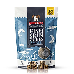 SKIPPER'S Cod Fish Skin Small Jerky Cubes - Gently Air Dried Single Ingredient Cod Skin Dog Treats, Rich in Omega 3 & Grain Free Crunchy Bites, Hypoallergenic & Gluten Free | Great for Teeth (2.5 Oz)