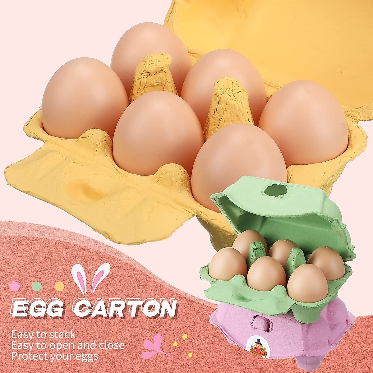 24 Pcs Easter Colorful Pulp Paper Egg Cartons with 24 Pieces Stickers Egg Tray Holder Reusable Egg Box Half Dozen Storage Containers Baskets for Farm Family Travel, 3 Colors