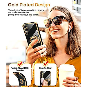 LeYi for Samsung Galaxy A14 5G Case: with 2 Pack Tempered Glass Screen Protector and 360° Rotatable Ring Holder Magnetic Kickstand, Plating Rose Gold Edge Protective Samsung A 14 5G Case, Black