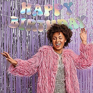 Pre-Strung Happy Birthday Banner - NO DIY - Iridescent Birthday Party Banner - Pre-Strung Garland on 8 ft Strands - Holographic Shiny Foil Retro 70s Birthday Party Decorations. Did we Mention no DIY
