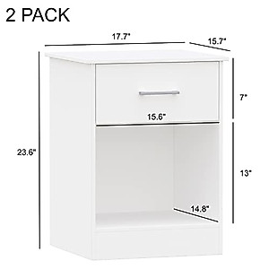 Reettic Wooden Nightstand Set of 2, End Table with Sliding Drawer and Opening Shelf, Sofa Side Table for Bedroom, White RCTG101W02