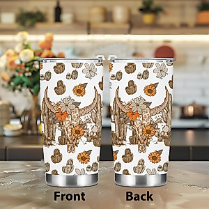 Birthday Christmas Presents Western Stuff, Boho Cow Skull Tumbler, 20 oz Tumblers Insulated Coffee Mug Stainless Steel Thermal Vacuum Travel Coffee Cup with Lid, Cow Stuff Western Gifts for Women