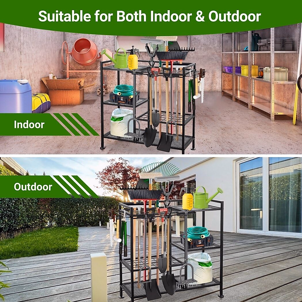 Joyoolife Garden Tool Organizer, 3 Tier Yard Tool Rack with Large Tool Slots & Small Tool Hooks, Large Capacity Tool Shelf, Heavy Duty Metal Tower Rack for Garden Lawn Garage Shed