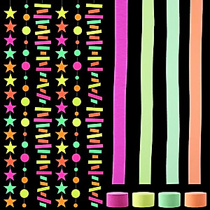Glow in The Dark Neon Streamers Garlands Kit, Dance Party Black Light UV Reactive in Decorations Backdrop,Fluorescent Paper String Pull Flower Disc Pentagram Pull Flag Fiesta Birthday Party Supplies
