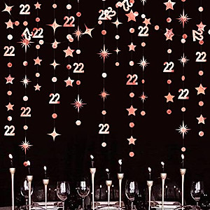 Rose Gold 22nd Birthday Decorations Number 22 Circle Dot Star Garland Streamer Bunting Banner Backdrop for Womens Feeling 22 Twenty Two Year Old Birthday Happy 22th Anniversary Party Supplies