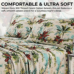 Tribeca Living Full Size Bed Sheet Set, Soft Cotton Sateen Printed Sheets Tropical Print, Extra Deep Pocket, 300 Thread Count, 4-Piece Bedding Sets, Paradise Island Multi, (PARASL4PSSFU)