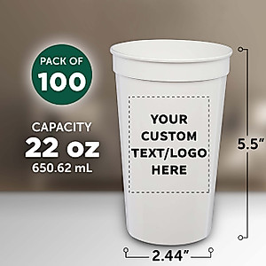 DISCOUNT PROMOS Custom Large Plastic Stadium Cups 22 oz. Set of 100, Personalized Bulk Pack - Perfect for Birthdays, Picnic, Beach, Parties - White