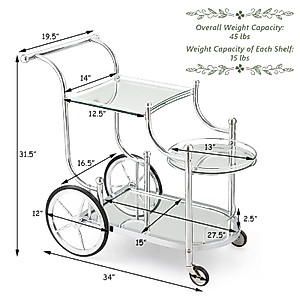 COSTWAY Glass Rolling Bar Cart, Rolling Serving Cart with 3-Tier Shelf, Directional Wheels & Universal Wheels, Mobile Wine Tea Serving Cart for Hotel, Club & Home