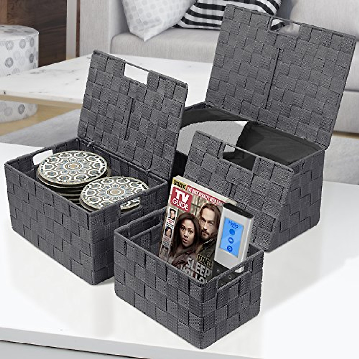 Sorbus Storage Box Woven Basket Bin Container Tote Cube Organizer Set Stackable Storage Basket Woven Strap Shelf Organizer Built-In Carry Handles (Lid Bins - 3 Pack, Gray)