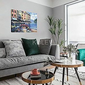 KOLEV Italy Portofino Landscape Oil Painting Poster Retro Landscape Painting Room Wall Decoration Aestheti Canvas Poster Bedroom Decor Office Room Decor Gift Frame-style 20x16inch(50x40cm)