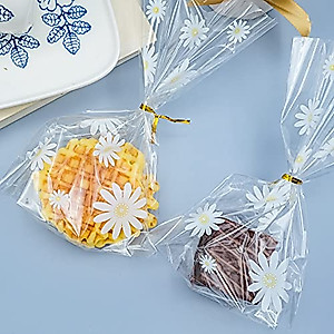 souG 100pcs Gusseted cellophane Bags Little White Daisy Cookie Bags (Size 5.9"x9"x2" with Gold Twist Ties, Best Gusset Bag for Presenting Packaged Treats, Candy, Popcorn etc.